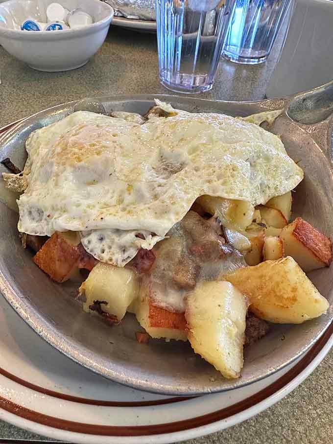 When your skillet arrives still sizzling with eggs draped over hash browns, you know someone's doing breakfast right.