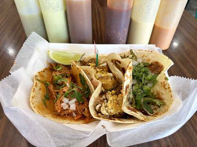 Three tacos lined up like edible soldiers ready to wage delicious war on your hunger and win decisively.