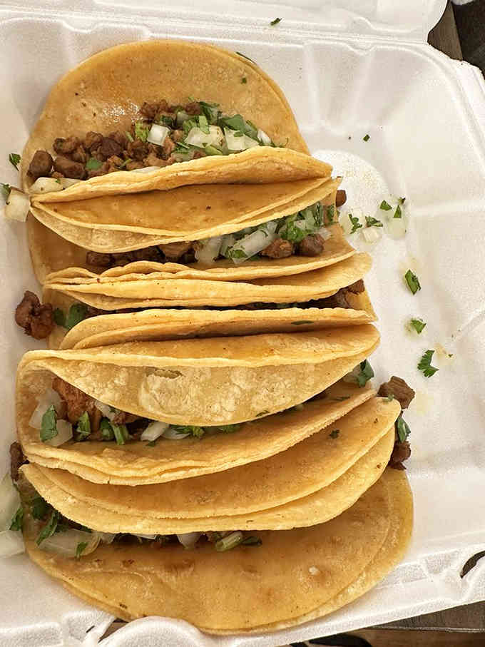A tower of golden tortillas stacked high, each one cradling perfectly seasoned meat and fresh toppings.