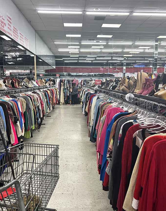 The clothing section goes on forever, proving one person's closet purge is another's fashion goldmine waiting.