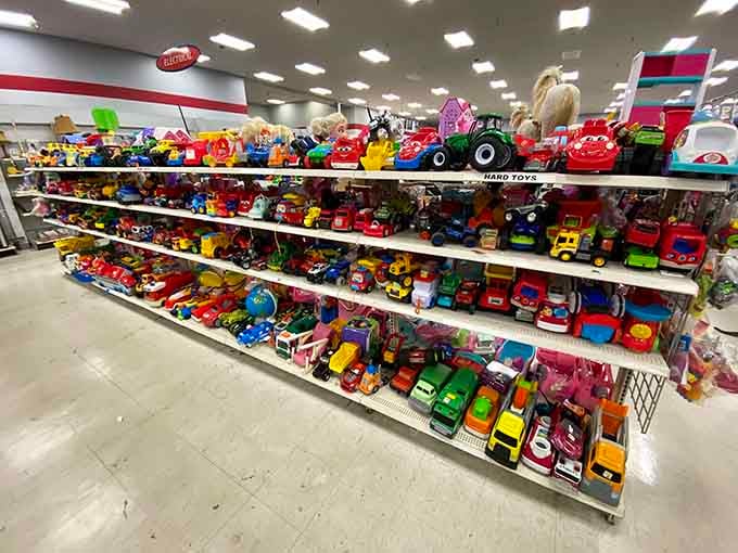 Colorful toys line the shelves like a rainbow of childhood joy, all waiting for second chances.