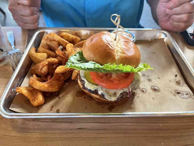 That burger sits there like it knows exactly how good it looks, nestled on a pretzel bun with curly fries.