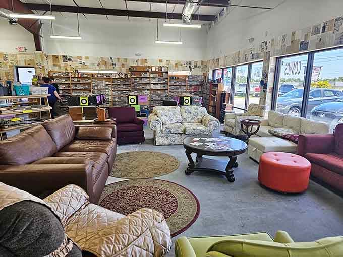 Comfy couches invite you to test-drive your potential purchases, because commitment should always involve proper seating arrangements first.