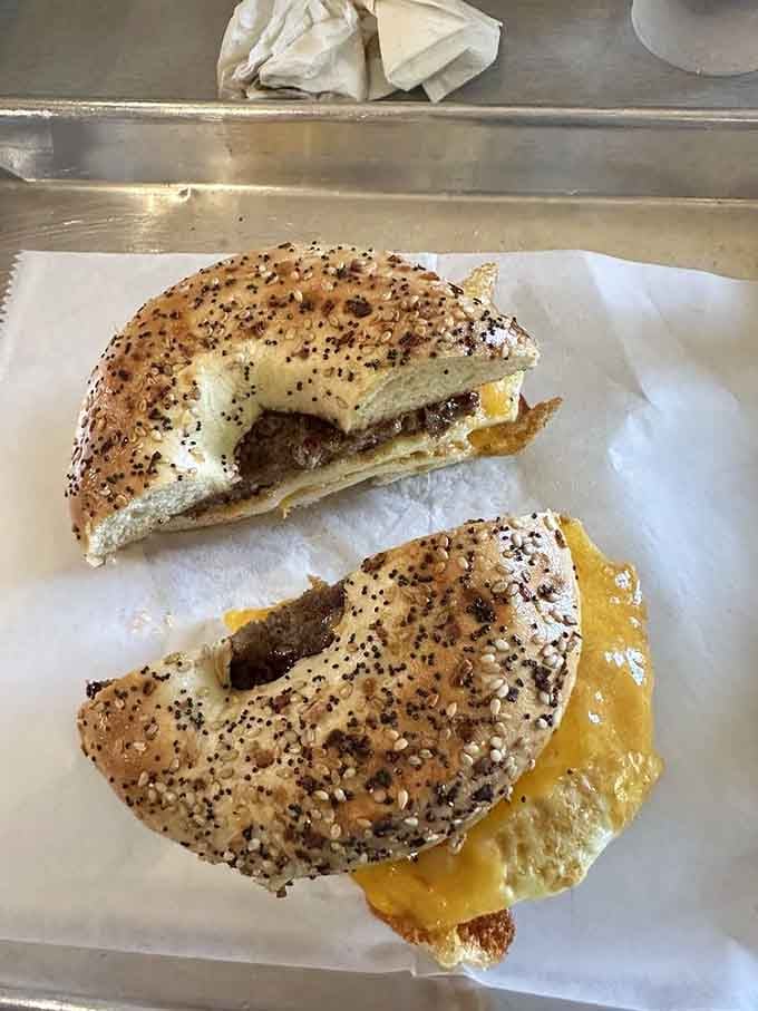 The Farmhouse Breakfast Sandwich arrives loaded with country sausage, pork roll, bacon, and campfire sauce on perfectly toasted bread.