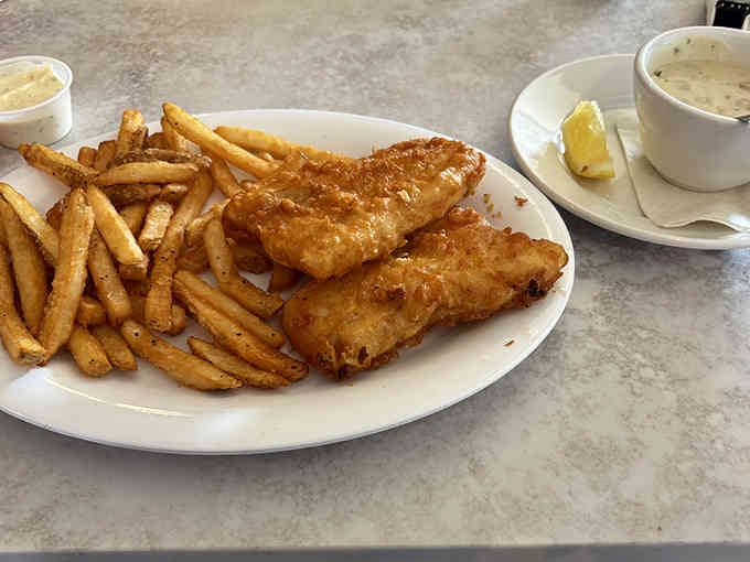 Golden, crispy perfection that would make any British chippy jealous, served with proper American-sized portions.