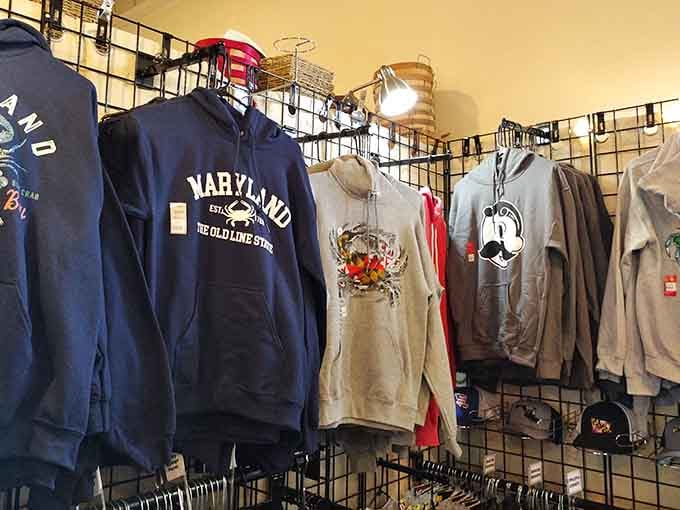 Inside, Maryland pride meets country store charm with hoodies and sweatshirts celebrating the Old Line State's heritage.