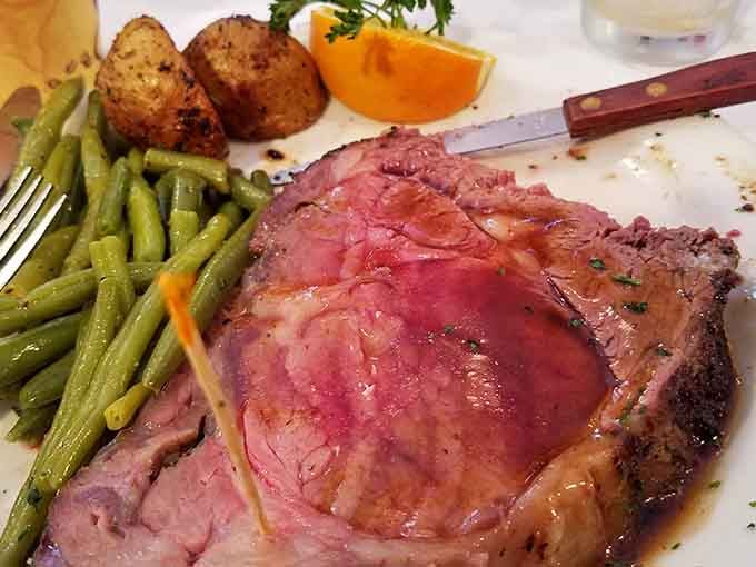 Prime rib this perfectly cooked with green beans and roasted potatoes proves that classic never goes out of style.