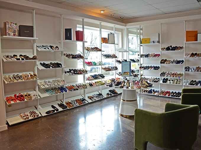 Floor-to-ceiling shelves showcase hundreds of designer shoes in a rainbow of colors, making Imelda Marcos look like an amateur collector.