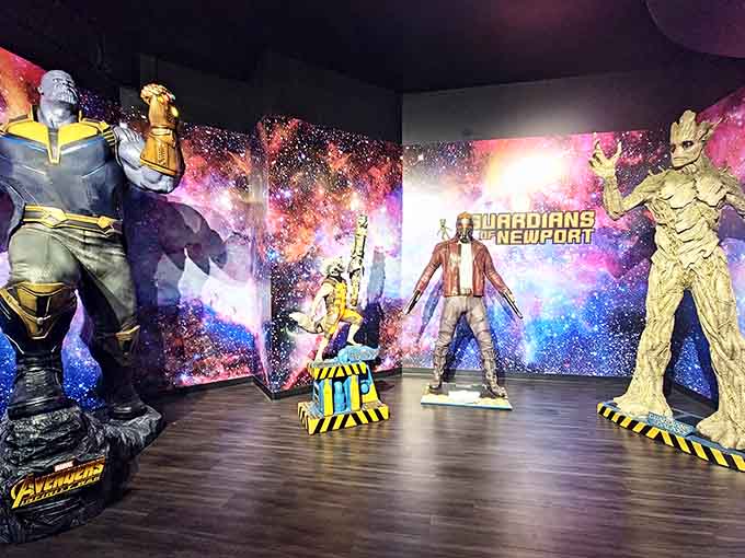 The Guardians of the Galaxy get their own cosmic corner, complete with that spectacular nebula backdrop that screams photo opportunity.
