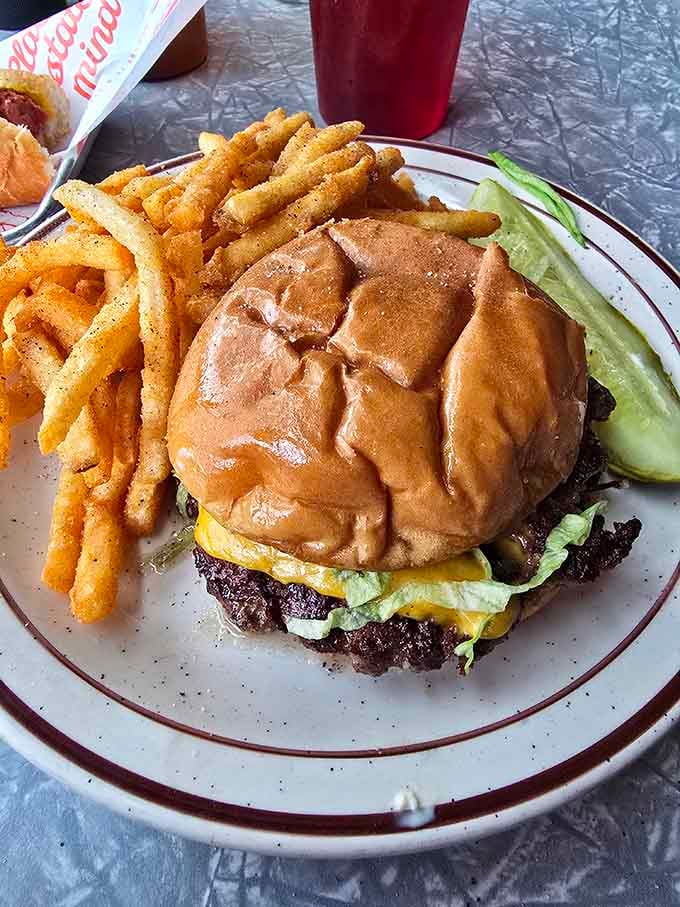 Behold the Cheeseburger in all its crispy-edged, melty-cheese glory, flanked by fries that know their purpose in life.