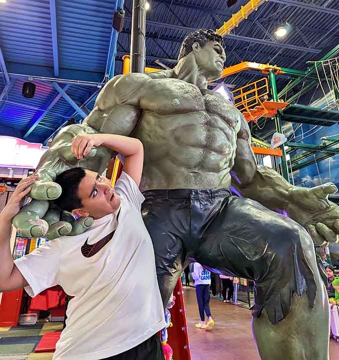 Even the Incredible Hulk needs a hug sometimes, proving that everyone's friendly at Tom Foolerys Adventure Park.