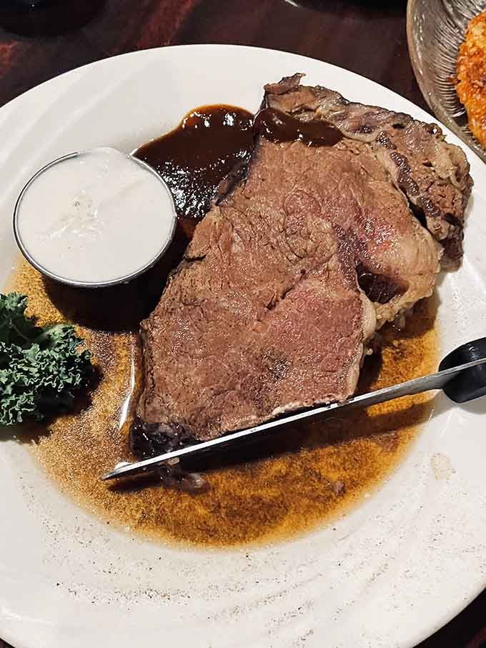 Behold the prime rib in all its pink-centered, au jus-swimming glory, ready to justify every calorie.
