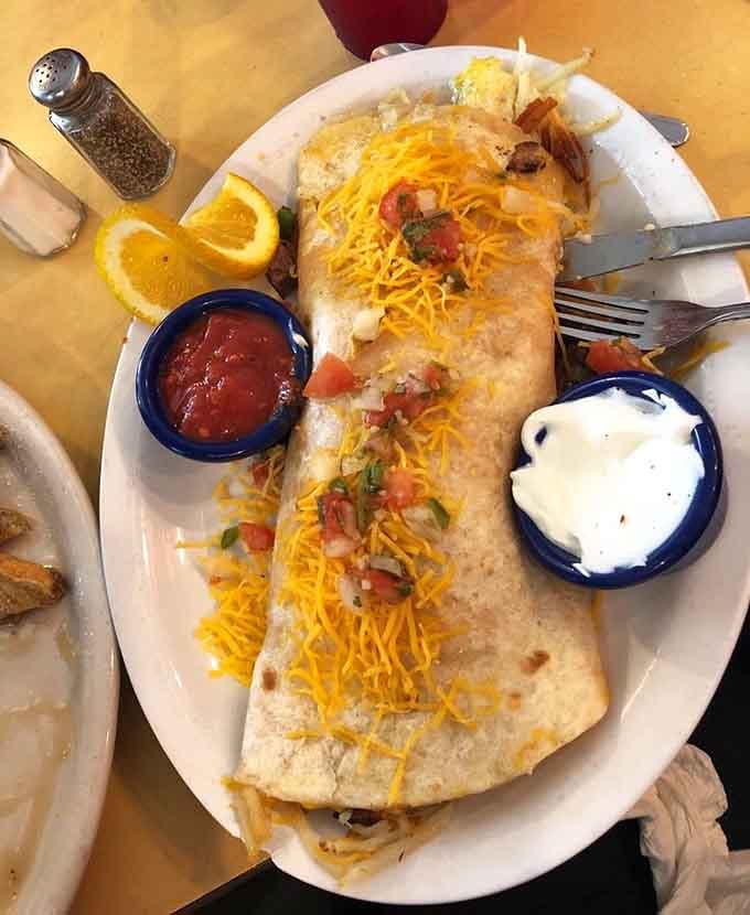 This breakfast burrito stretches across the plate like it's trying to win a length competition&mdash;and succeeding beautifully.