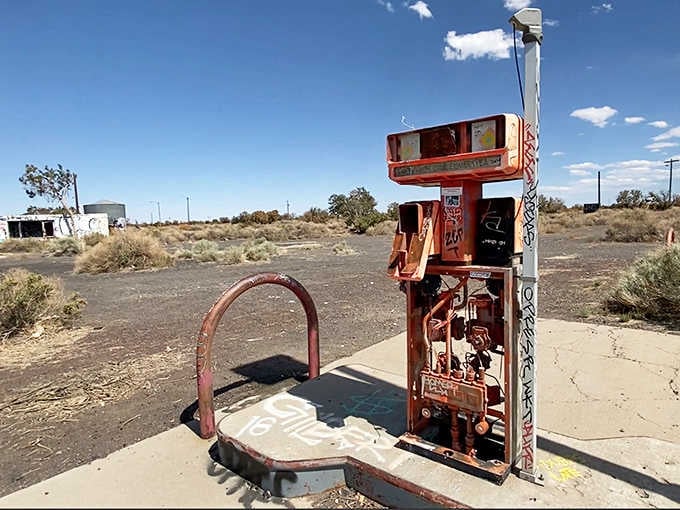 Even the abandoned gas pump has stories to tell about countless tanks filled and journeys begun.
