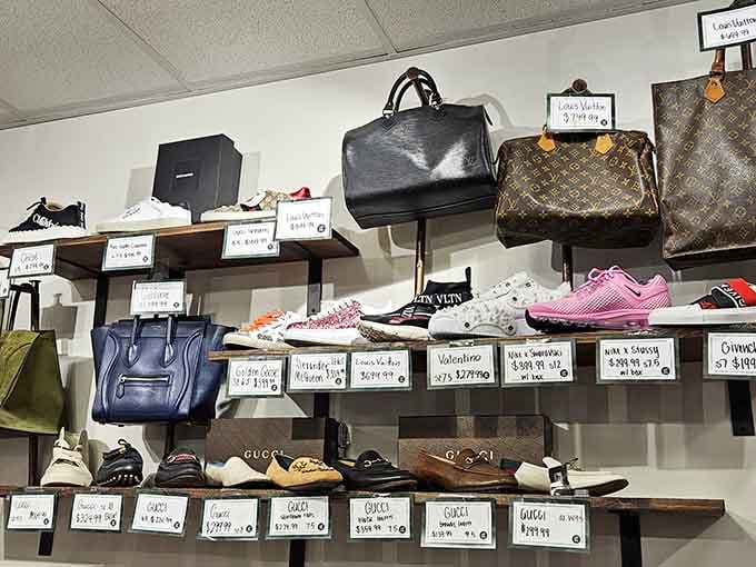 Louis Vuitton and Gucci sitting pretty on shelves, waiting to make your wallet very, very happy.