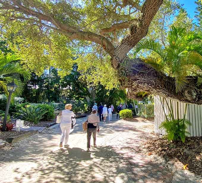 Shaded pathways wind through the island where the only traffic you'll encounter moves at a leisurely stroll under ancient oaks.