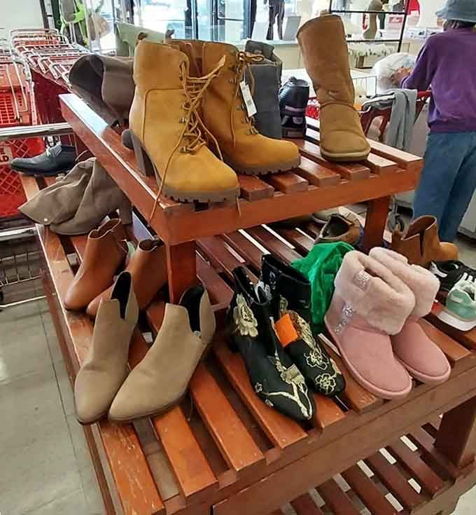 From work boots to fashion statements, this footwear display has more sole than a Motown reunion concert.