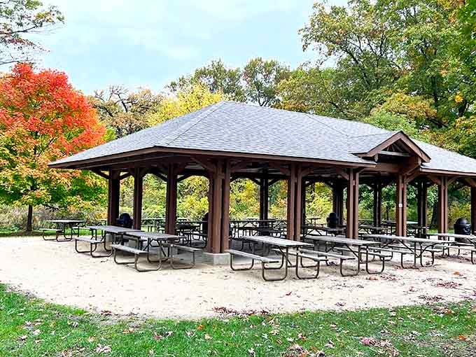 The picnic shelter that makes you wonder why anyone eats lunch at their desk when this exists just down the road.