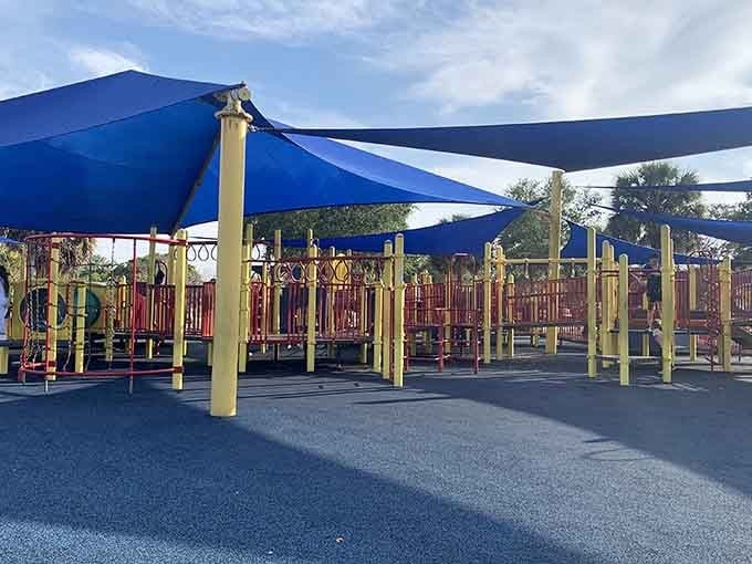 Modern playgrounds under shade sails mean the grandkids can burn energy while you enjoy those hilltop breezes nearby.