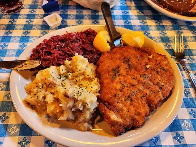 Golden-fried schnitzel with red cabbage and potato salad proves some traditions never need updating or improvement.