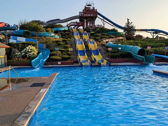 Multiple slides converging into one pool means you never know who's going to splash down next to you.