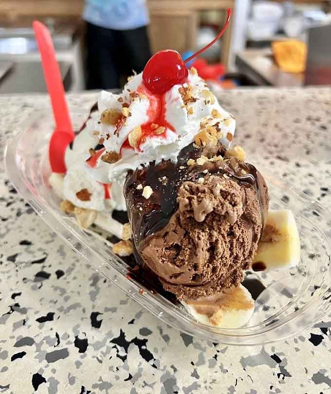 Chocolate ice cream drowning in hot fudge with whipped cream and nuts proves excess can be beautiful.