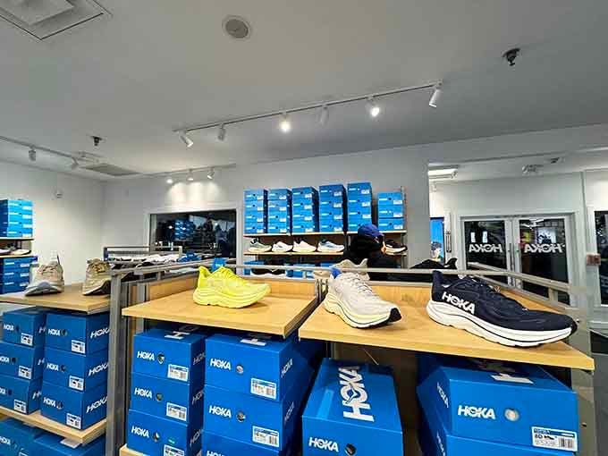 Athletic footwear displayed like modern art, where performance meets affordability in a bright, welcoming space that runners dream about.