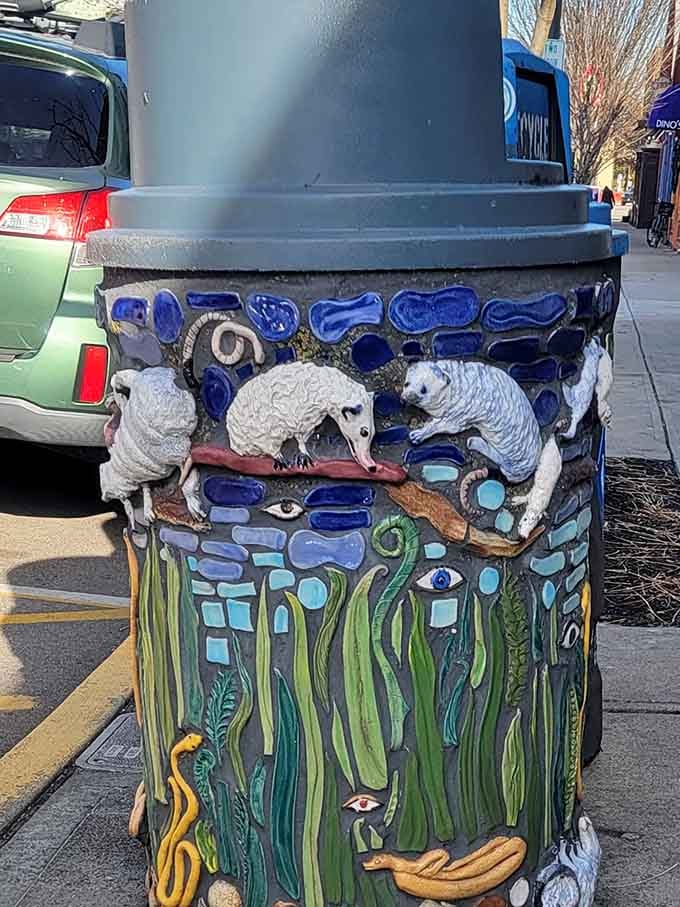 When trash cans become art installations, you know you've entered a town that takes whimsy seriously.
