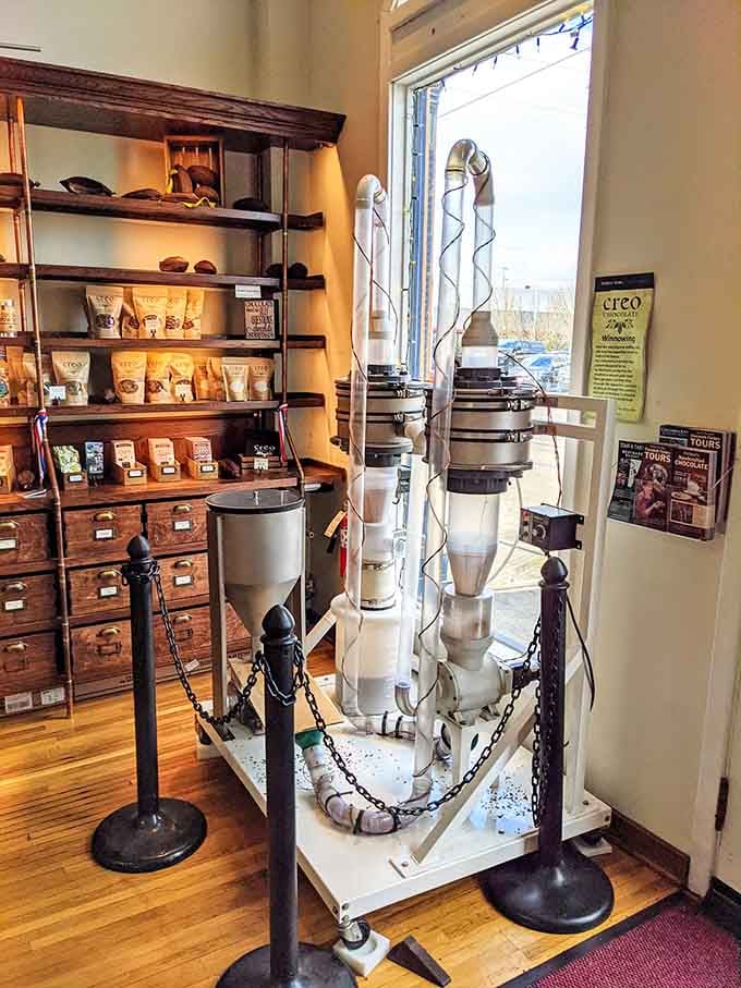 That towering contraption isn't from a sci-fi movie&mdash;it's a chocolate winnower doing its delicious work.