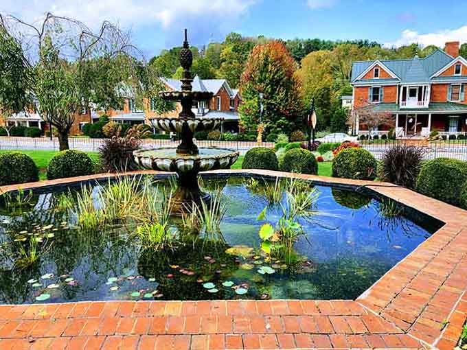 This fountain and pond create a peaceful oasis where lily pads float and worries simply drift away.