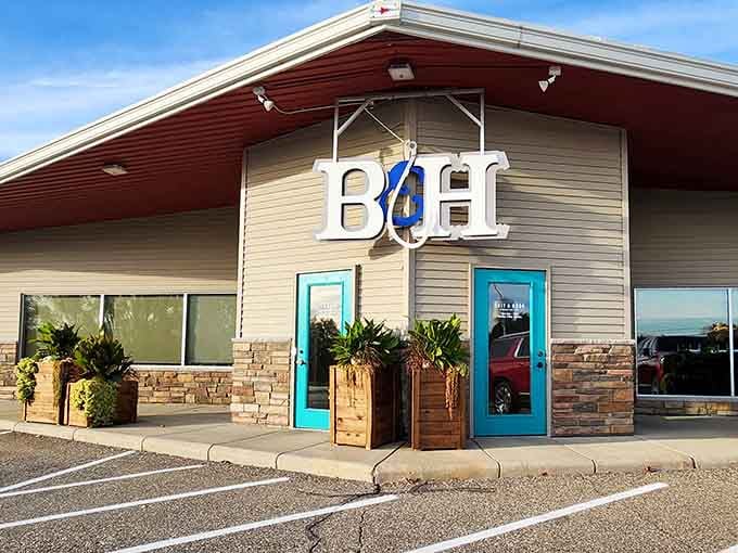 Those bright turquoise doors pop like a Caribbean postcard, inviting you into small-town Minnesota's most unexpected coastal escape.