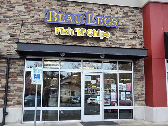 That playful name on the stone facade promises fish and chips with personality and flavor to match.