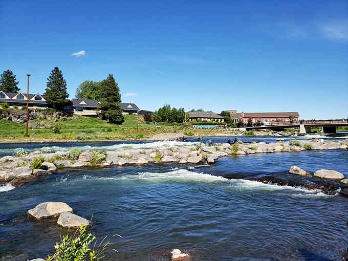 The Deschutes River flows through Bend like a liquid highway, carrying kayakers and inner tubes downstream.