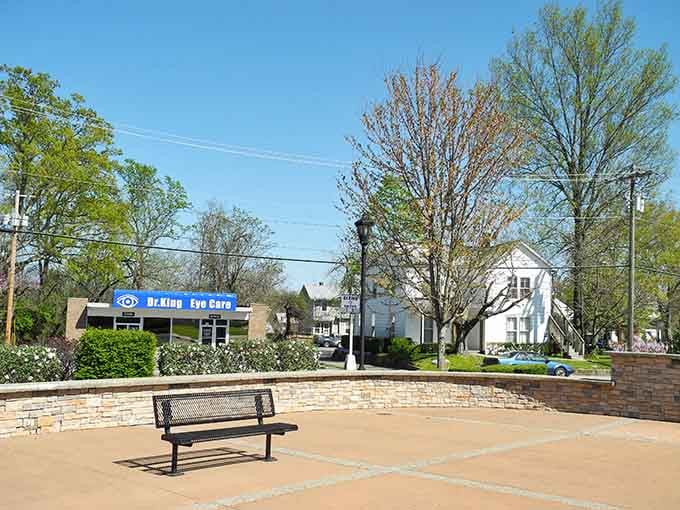 That peaceful plaza bench offers front-row seats to watch small-town life unfold at its own pace.