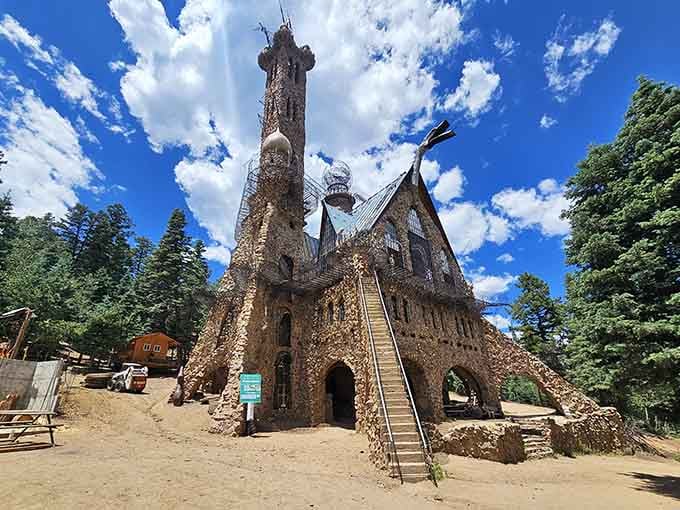 One man's medieval dream rises from the forest floor, all handcrafted stone and soaring towers reaching toward heaven.