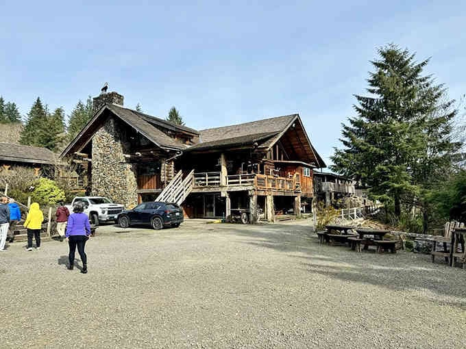 Massive timber construction and vintage logging equipment create a monument to Oregon's rugged forestry heritage and hearty appetites.