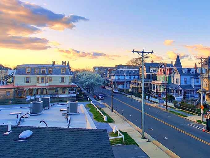 Golden hour paints these historic buildings in warm light, making every roofline and window glow with timeless beauty.