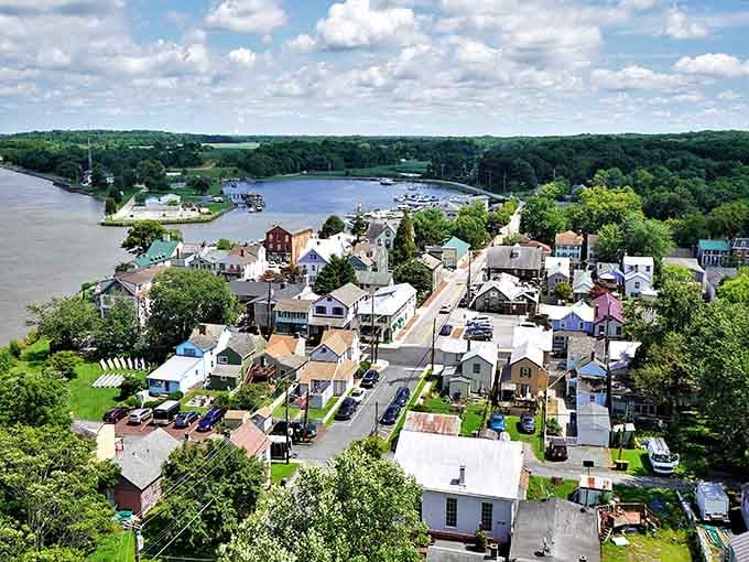 From above, Chesapeake City reveals its waterfront secret: a charming village nestled between river and green countryside.