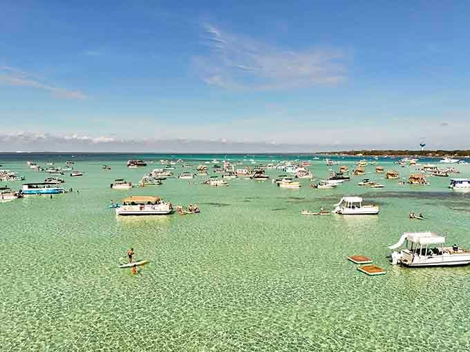 Hundreds of boats gather in shallow emerald waters, creating the Gulf Coast's most famous floating social scene.
