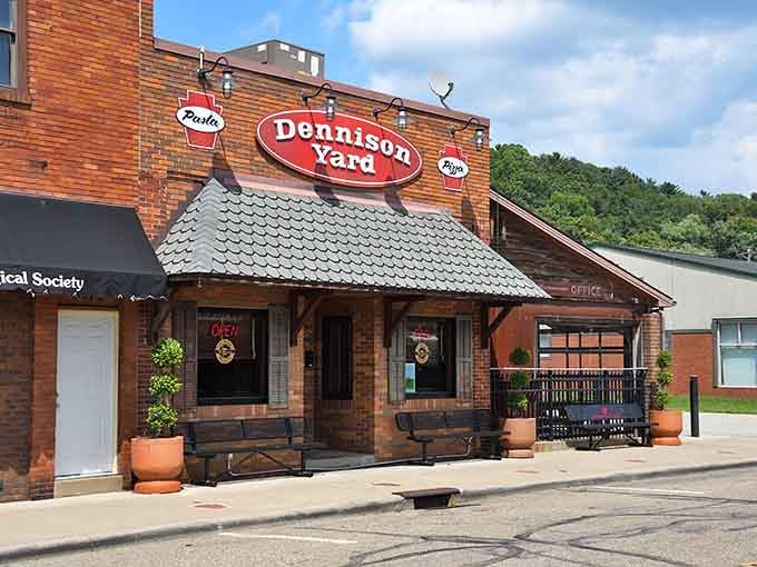 The Dennison Yard's distinctive roof and welcoming entrance promise good times in a town that remembers its railroad heritage with style.