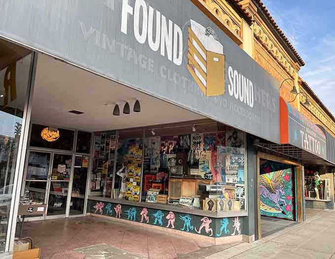 The vintage architecture and playful window display create an irresistible invitation to explore musical history inside.