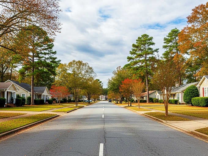 Fall colors frame this peaceful street where manicured lawns suggest normalcy, but the emptiness tells another story entirely.