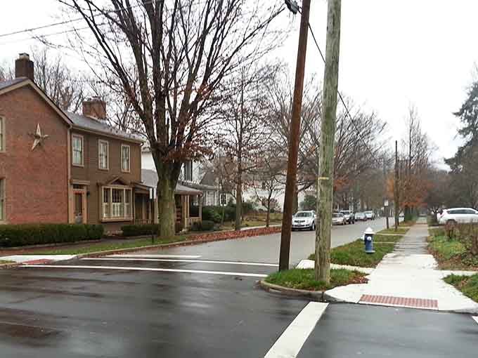 Rain-slicked streets and bare trees create a peaceful winter scene where historic homes stand like patient sentinels.