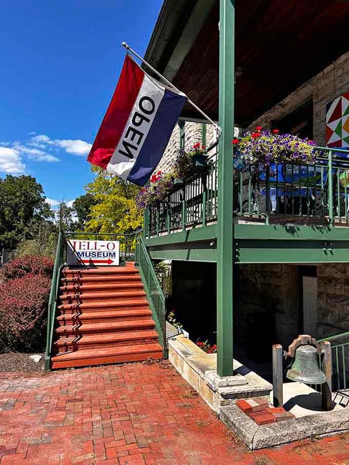 The bold "OPEN" flag waves proudly above stairs leading to America's wiggliest museum dedicated to jiggly dessert history.