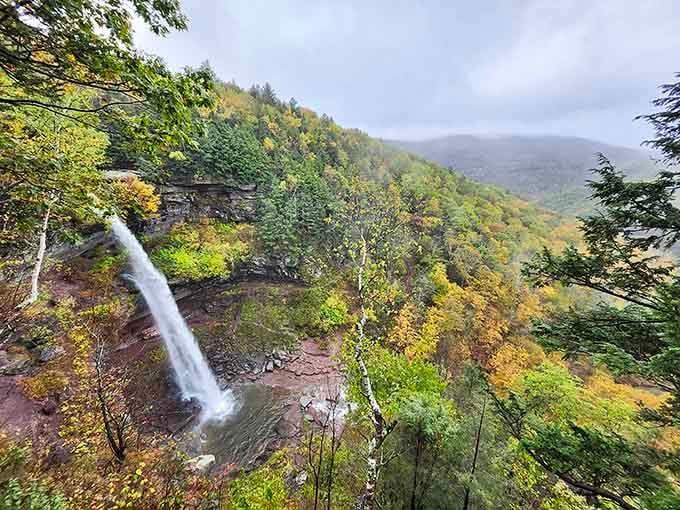 Autumn paints the hillsides gold while this ribbon of water plunges 260 feet down mossy cliffs into the misty gorge below.