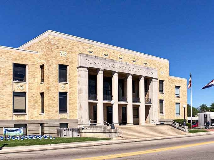 Clean lines and classical columns give this building the kind of dignity your high school principal wished for.