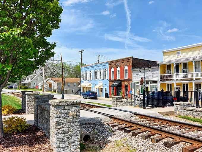 Railroad tracks running through town alongside colorful buildings painted like a box of crayons came to life here.