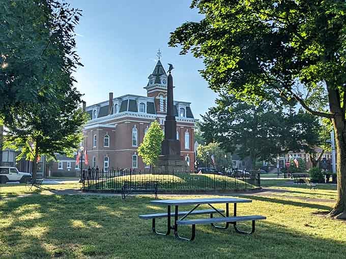 That picnic table and monument create the perfect spot for lunch with a view of Victorian elegance.