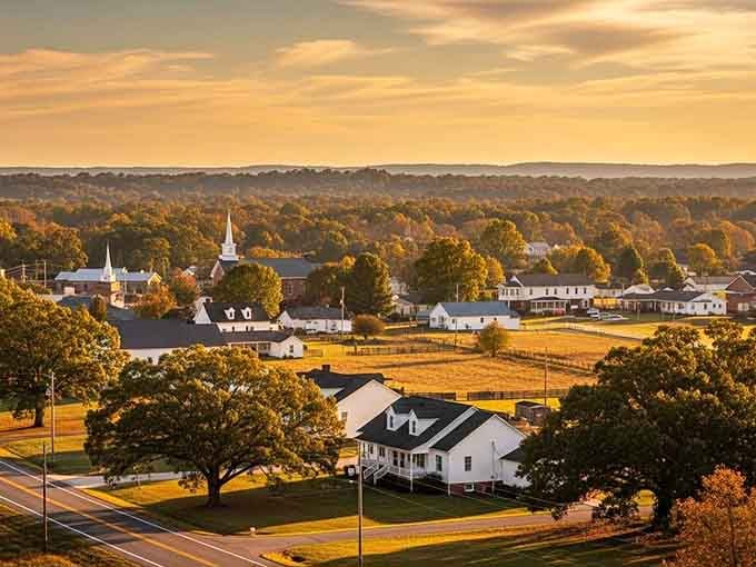 Sunset paints the landscape in honey tones, turning ordinary farmland into something worthy of a gallery wall.