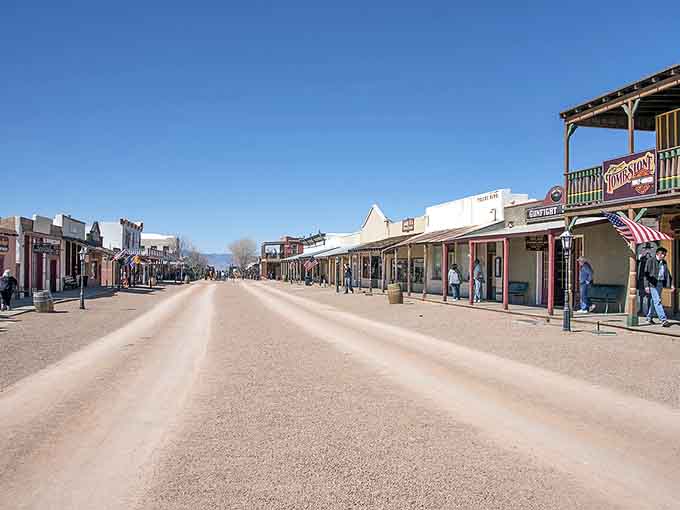 This wide dirt street practically begs for a tumbleweed to roll by during high noon showdowns.